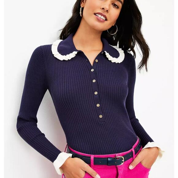 LOFT | Sweaters | Loft Womens Tipped Ruffle Polo Sweater Large Navy ...